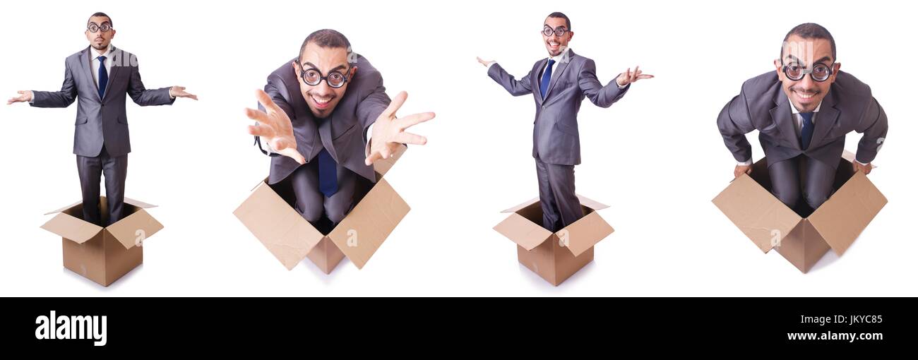 Man in thinking outside the box concept Stock Photo - Alamy