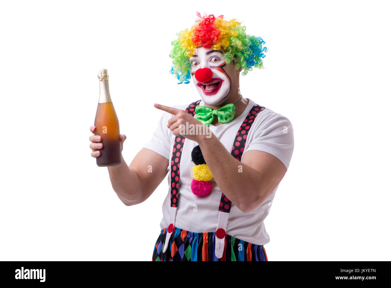 Funny clown with a bottle isolated on white background Stock Photo - Alamy
