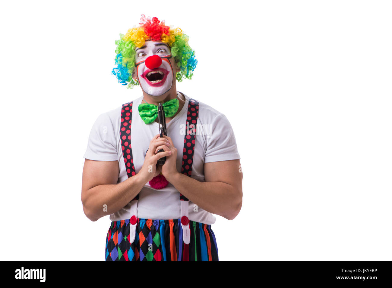 Funny clown with a gun pistol isolated on white background Stock Photo ...
