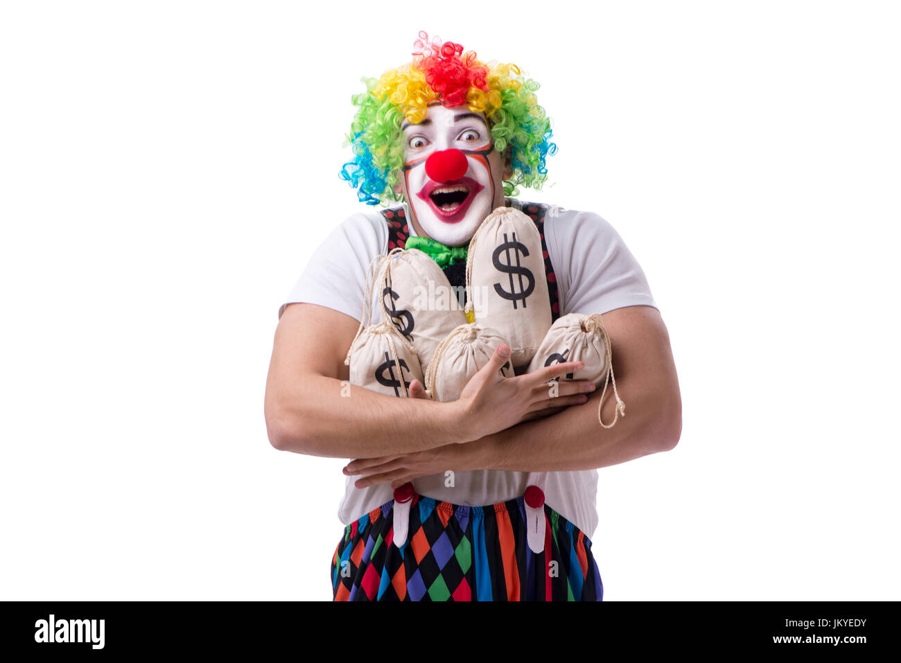 Funny clown with money sacks bags isolated on white background Stock ...
