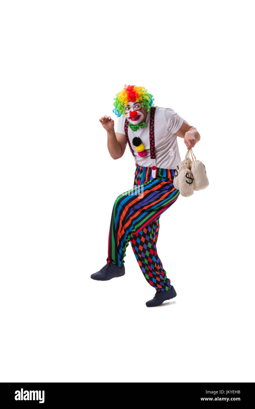 Funny clown with money bags sacks isolated on white background Stock ...