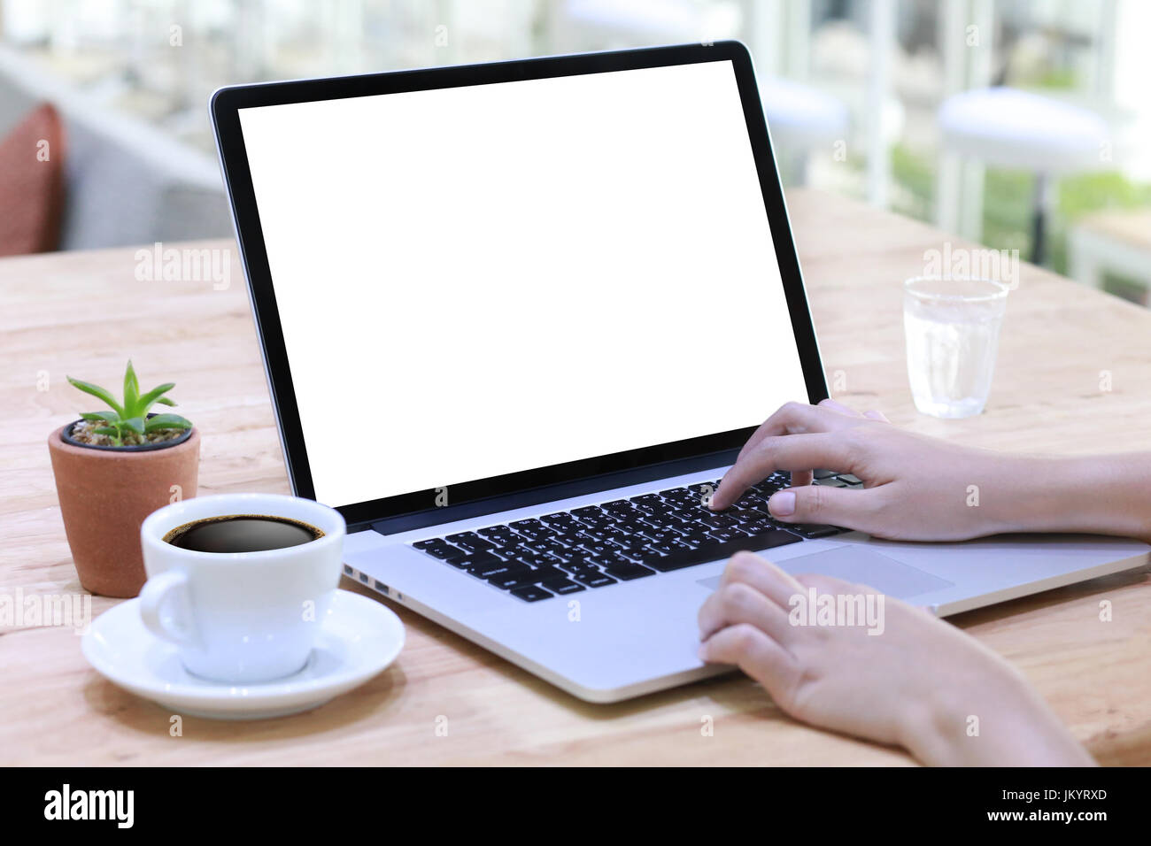Businessman at work using a desktop computer of the blank screen Stock ...