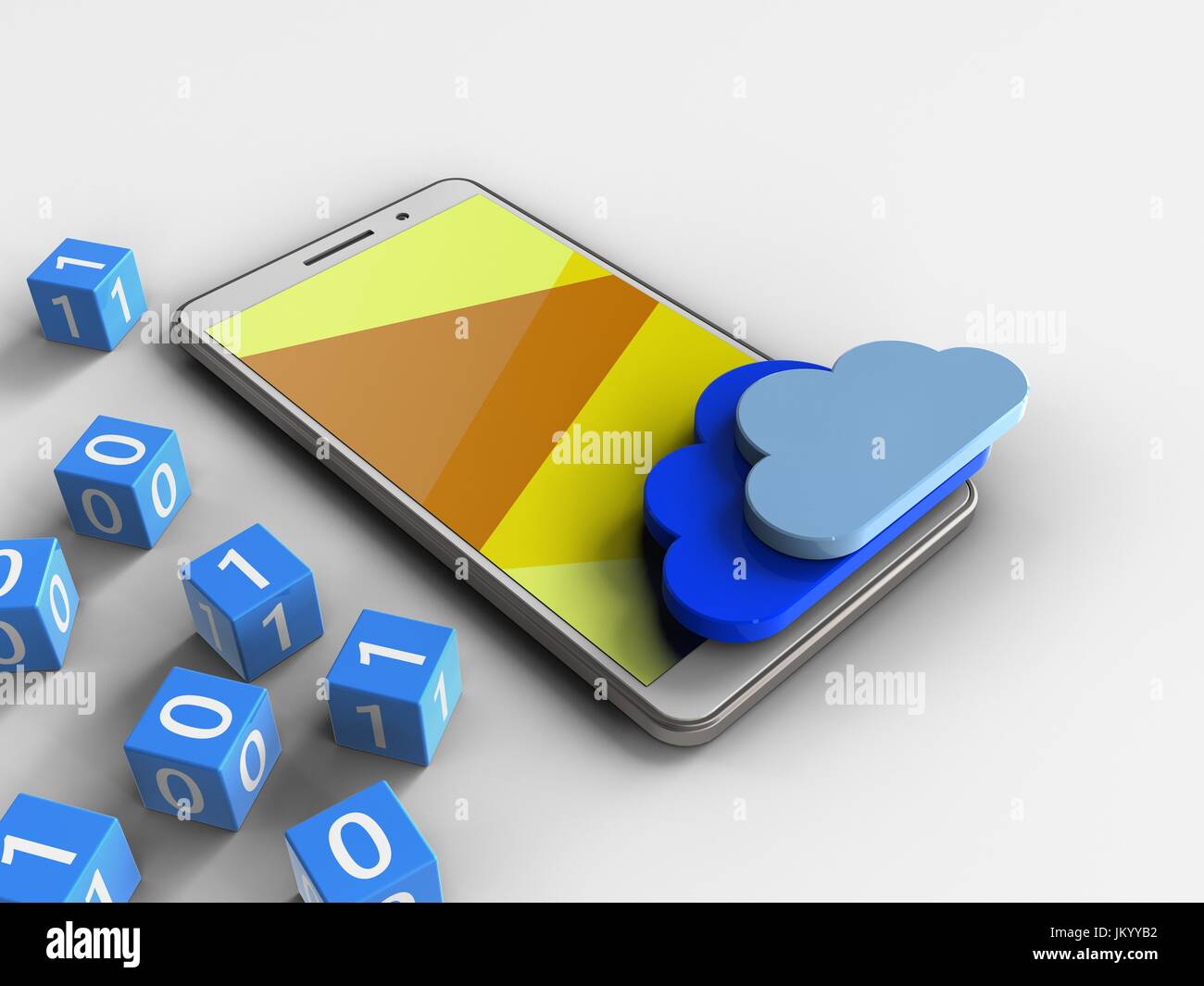 3d illustration of white phone over white background with binary cubes ...