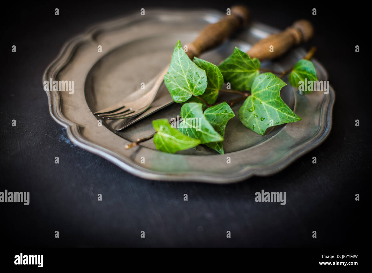 Rustic table setting with vintage ceramic plates and branch of ivy ...