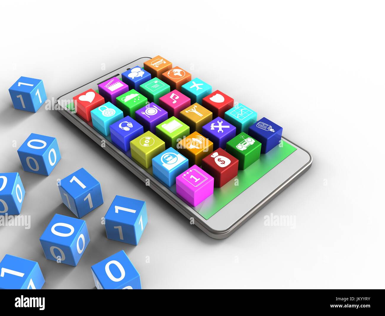 3d illustration of white phone over white background with binary cubes ...