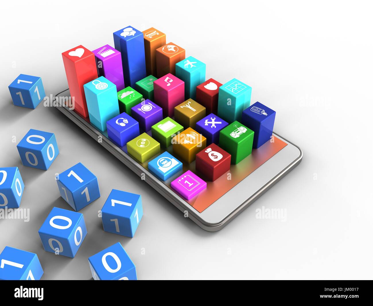 3d illustration of white phone over white background with binary cubes ...