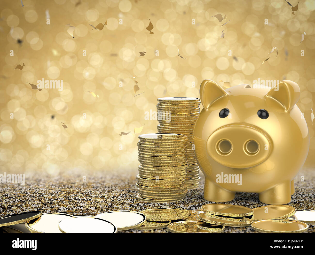 3d rendering golden piggy bank with stack of gold coin Stock Photo - Alamy