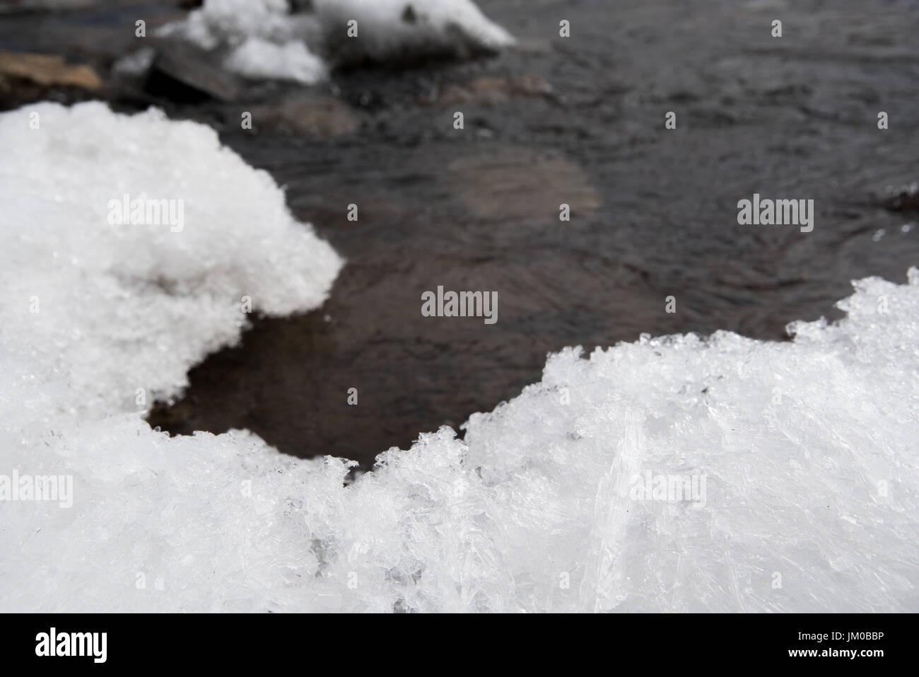 Snow flake beside River from snow ice melt on mountain Landscape view ...