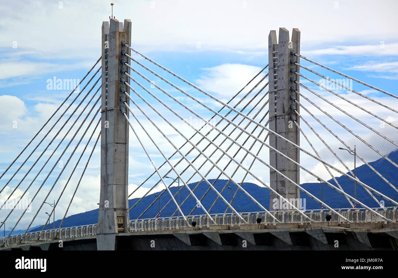 A modern dual tower cable stayed bridge with massive steel cables Stock ...