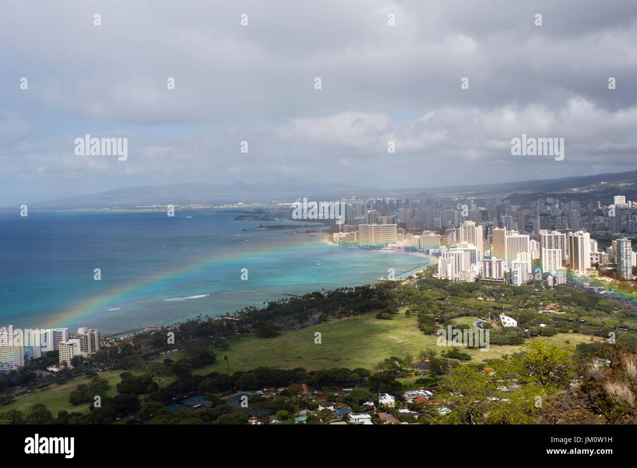 panorama of honolulu from diamond head with rainbow Stock Photo - Alamy
