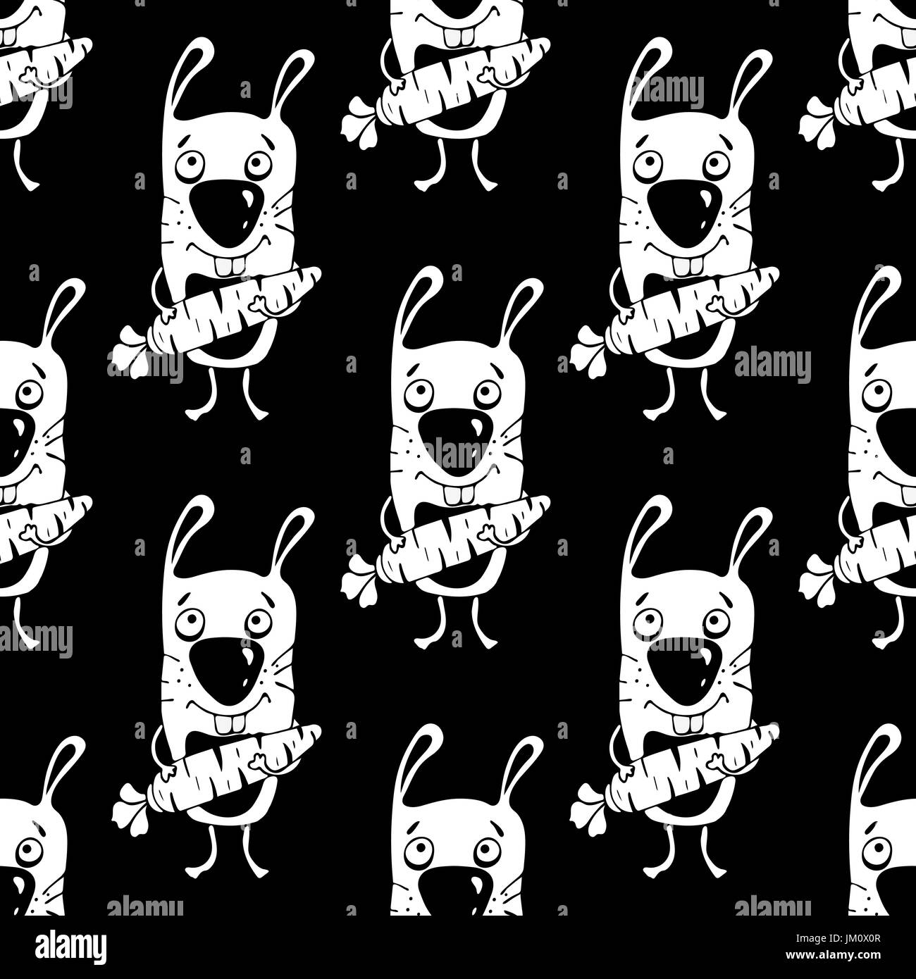 Bunnies cartoon seamless pattern, hand drawing, vector monochrome ...