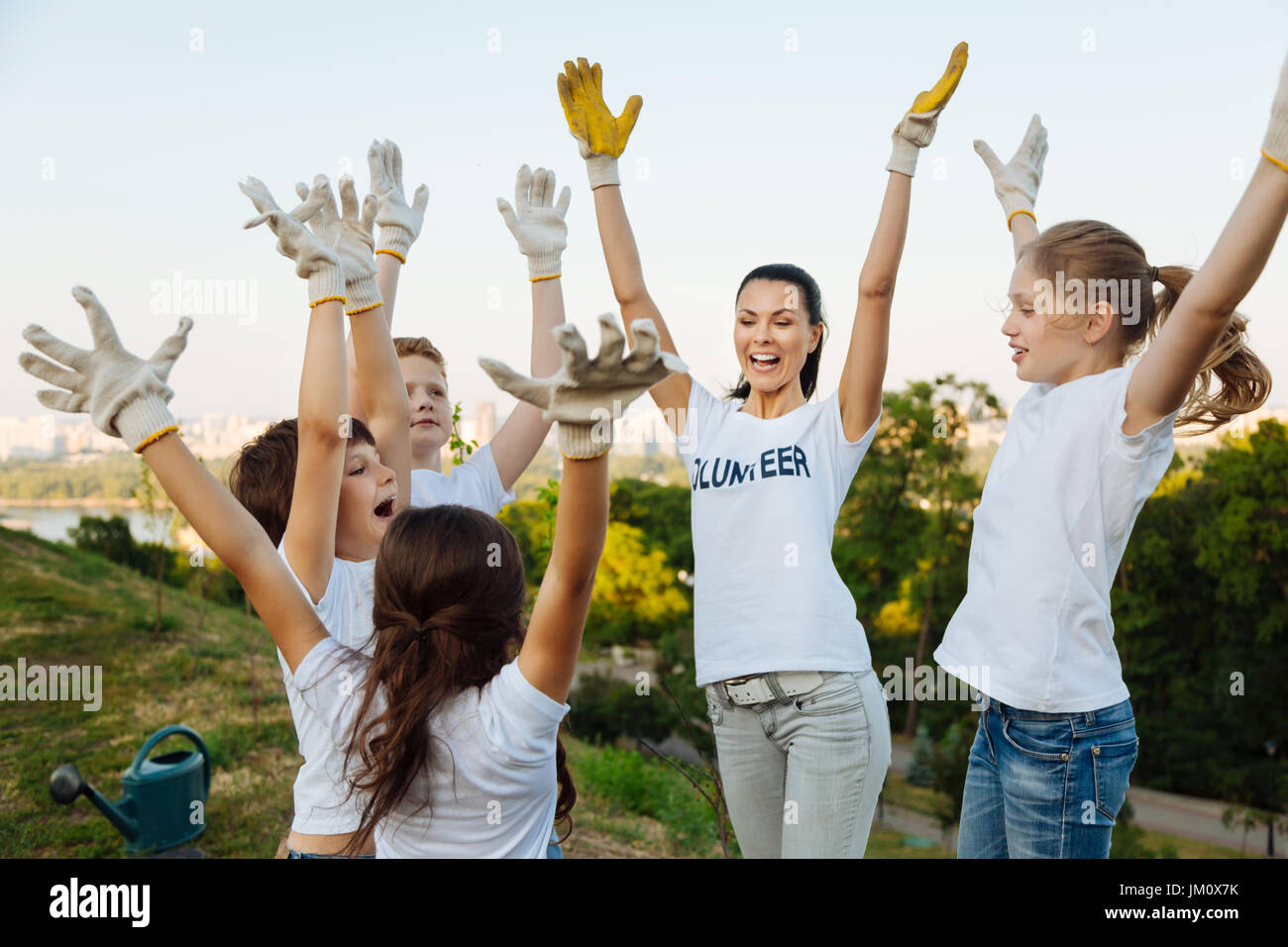 Positive delighted kids spending time on nature Stock Photo - Alamy