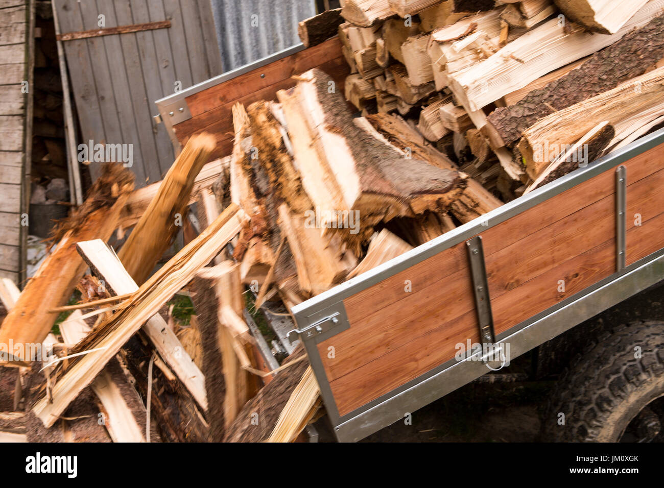 logging tractor on the back yard - wood for fire Stock Photo - Alamy