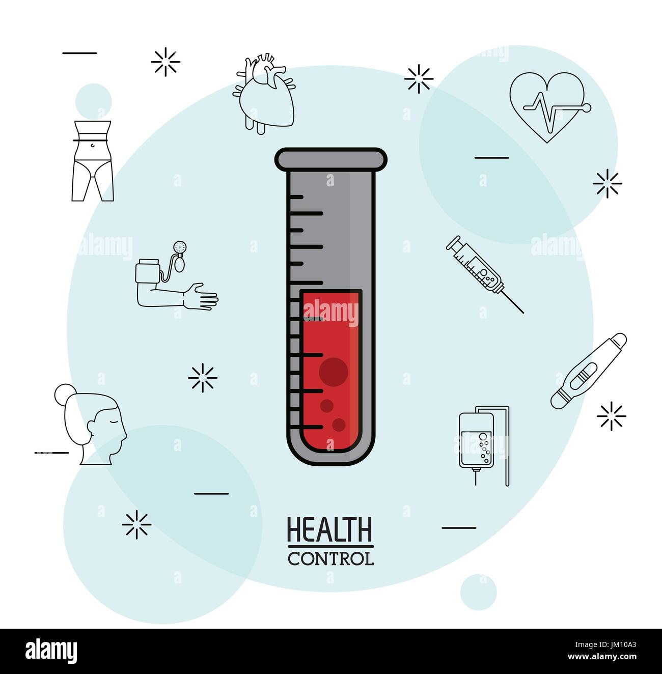 Poster white background with black silhouette icons of health control ...