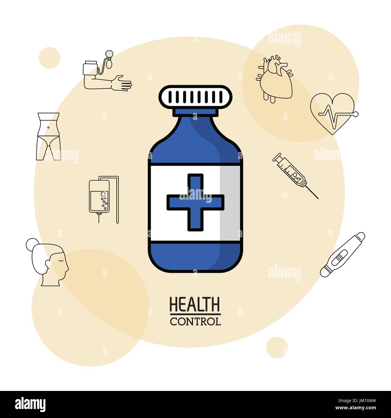 Poster white background with black silhouette icons of health control ...