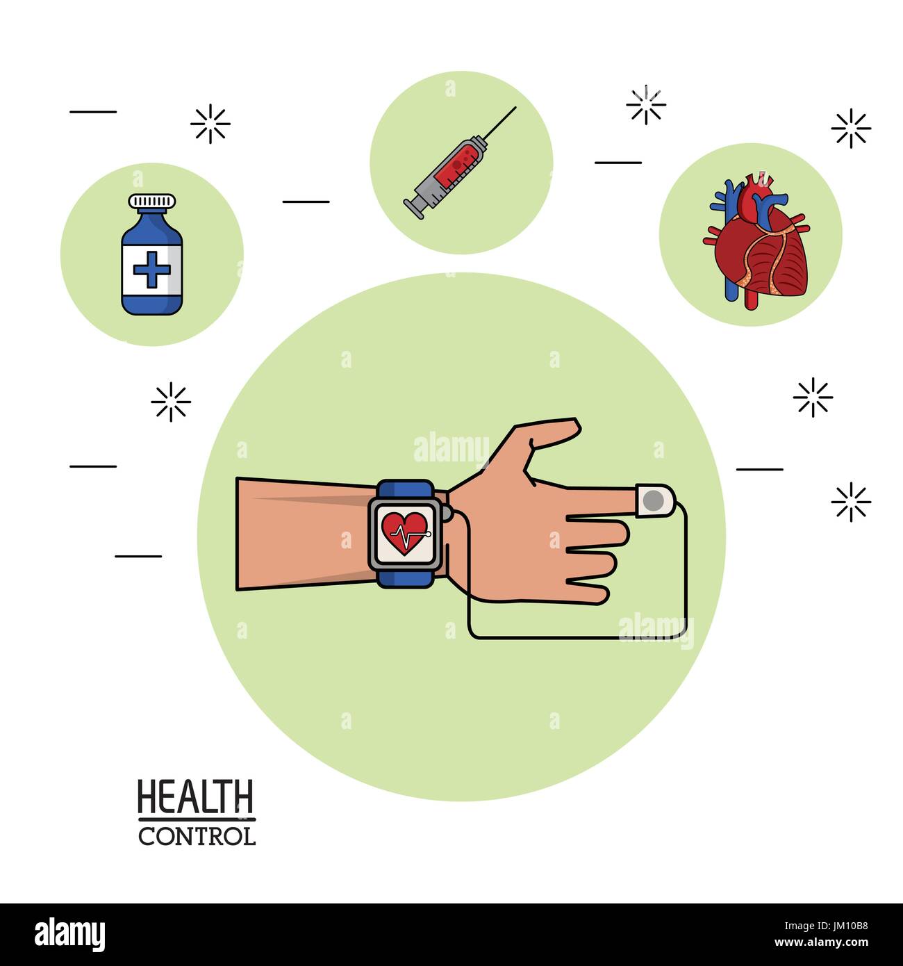 colorful Poster in white background with hand clock pulse monitor in ...