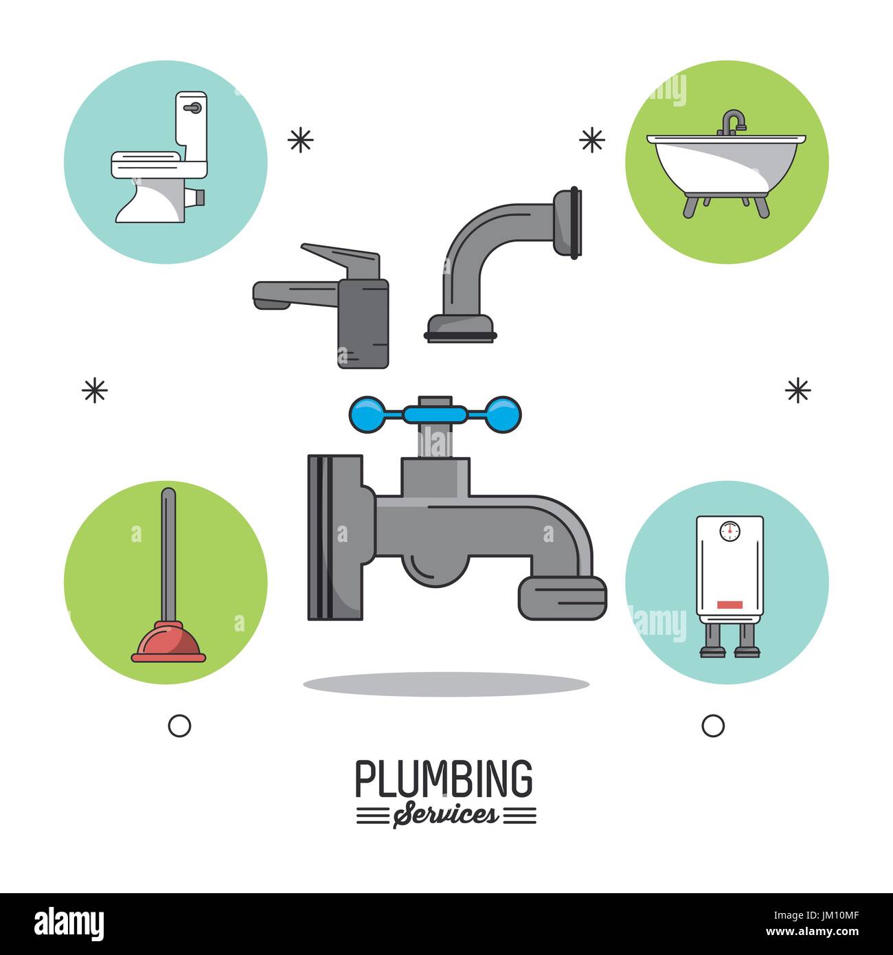 white background poster plumbing services with color faucets and ...