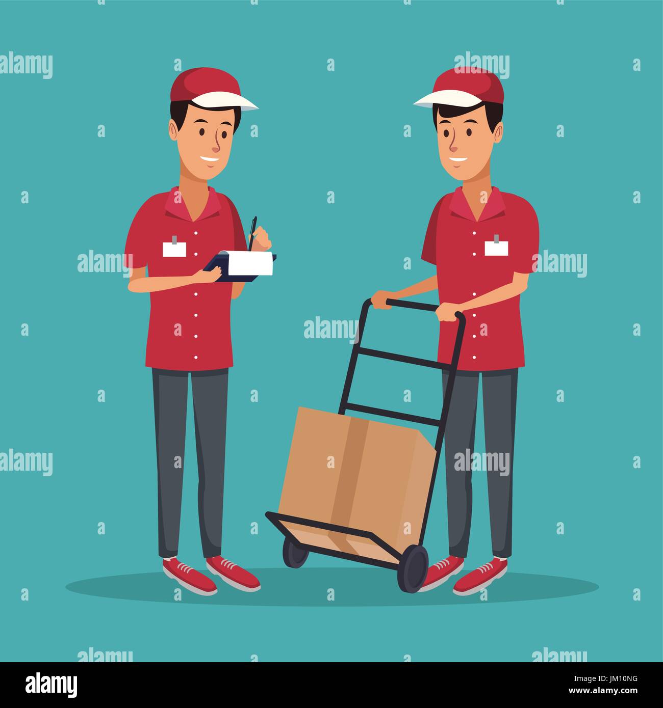 color background with men worker with hand truck packages and orders ...