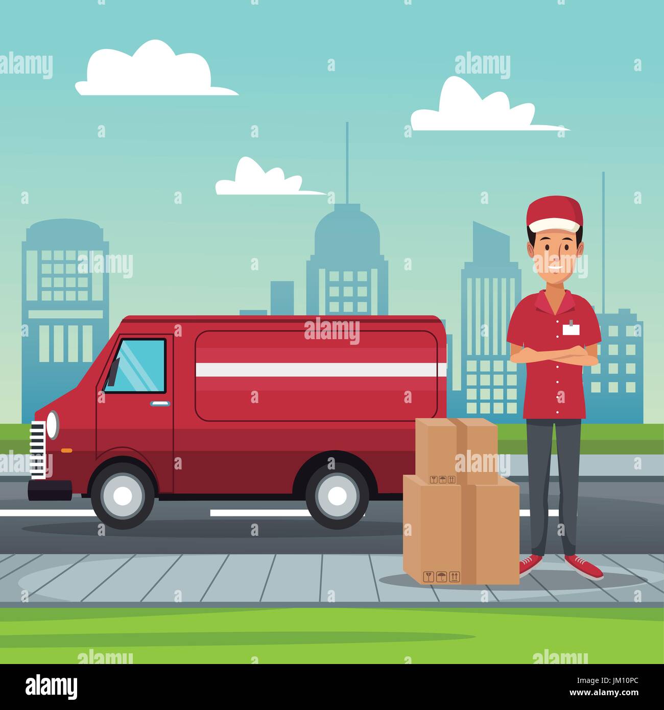 poster city landscape with man worker with packages and truck fast ...