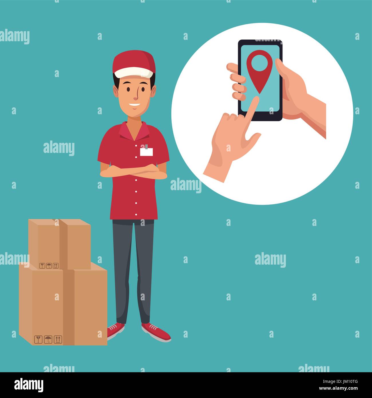 color background with man worker with packages fast delivery and icon ...