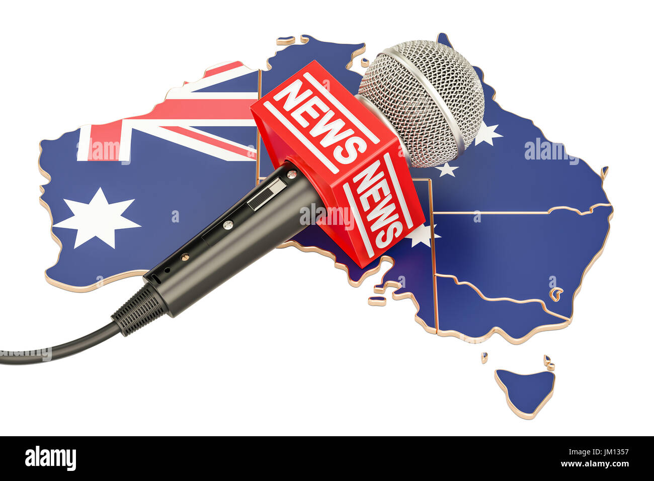 Australian News concept, microphone news on the map of Australia. 3D ...