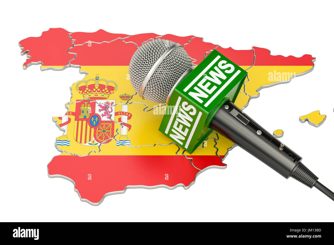 Spanish News concept, microphone news on the map of Spain. 3D rendering ...
