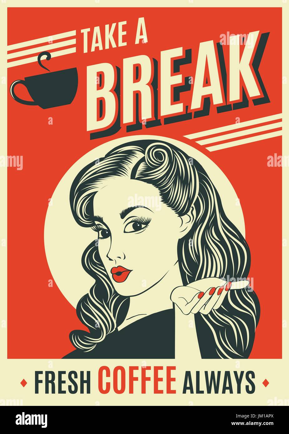 advertising coffee retro poster with pop art woman, vector format Stock ...
