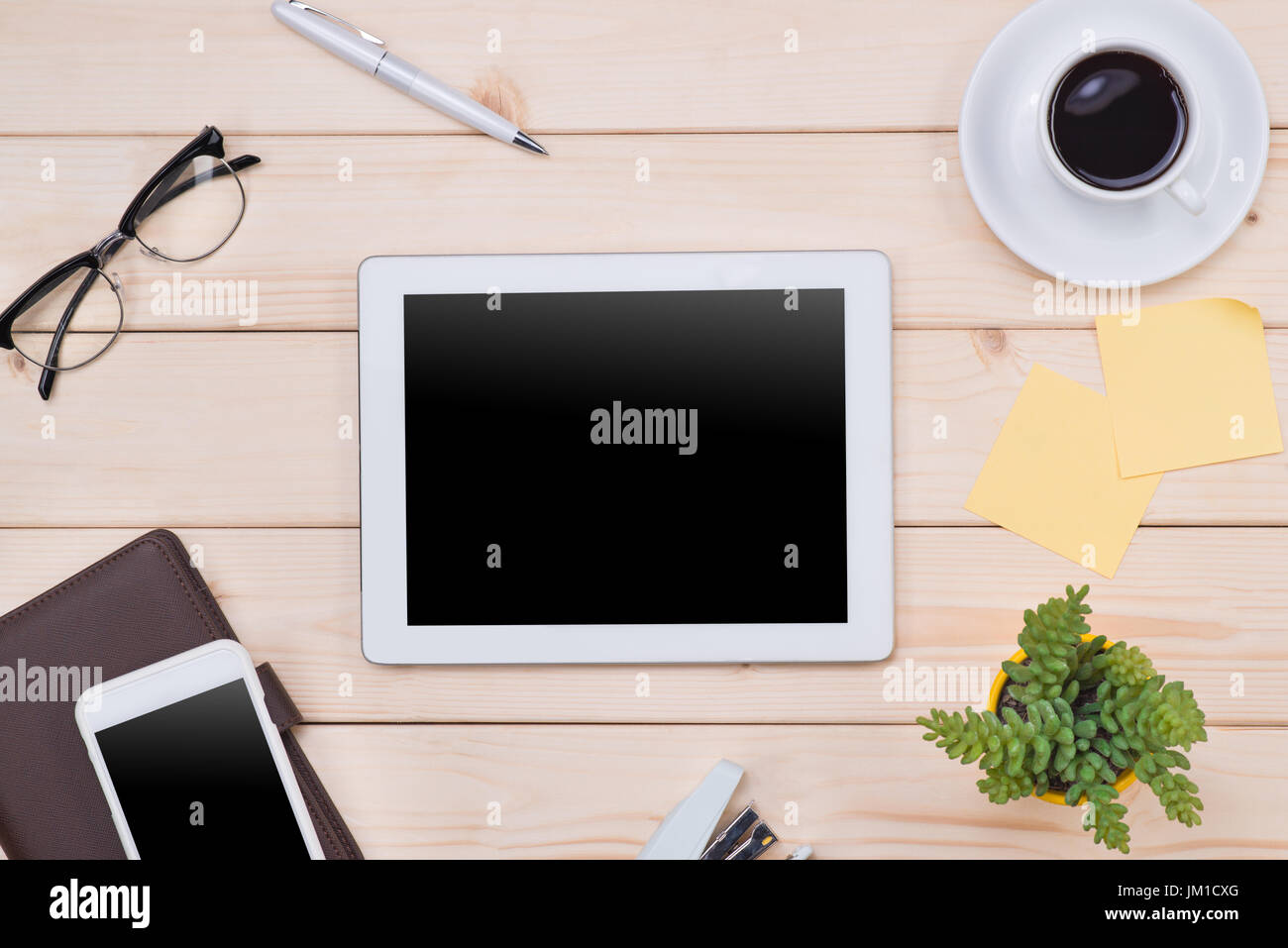 Tablet header image. Office stuff, workplace, top view Stock Photo - Alamy