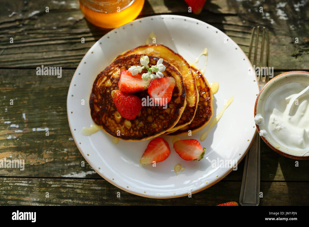 Buttermilk pancake with honey, food top view Stock Photo - Alamy