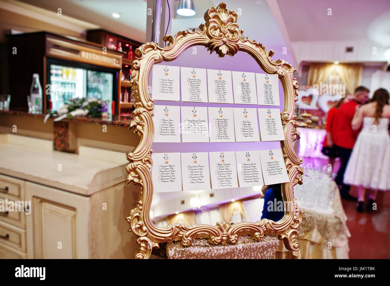 Gorgeous golden wedding table with guest names on it in the restaurant ...