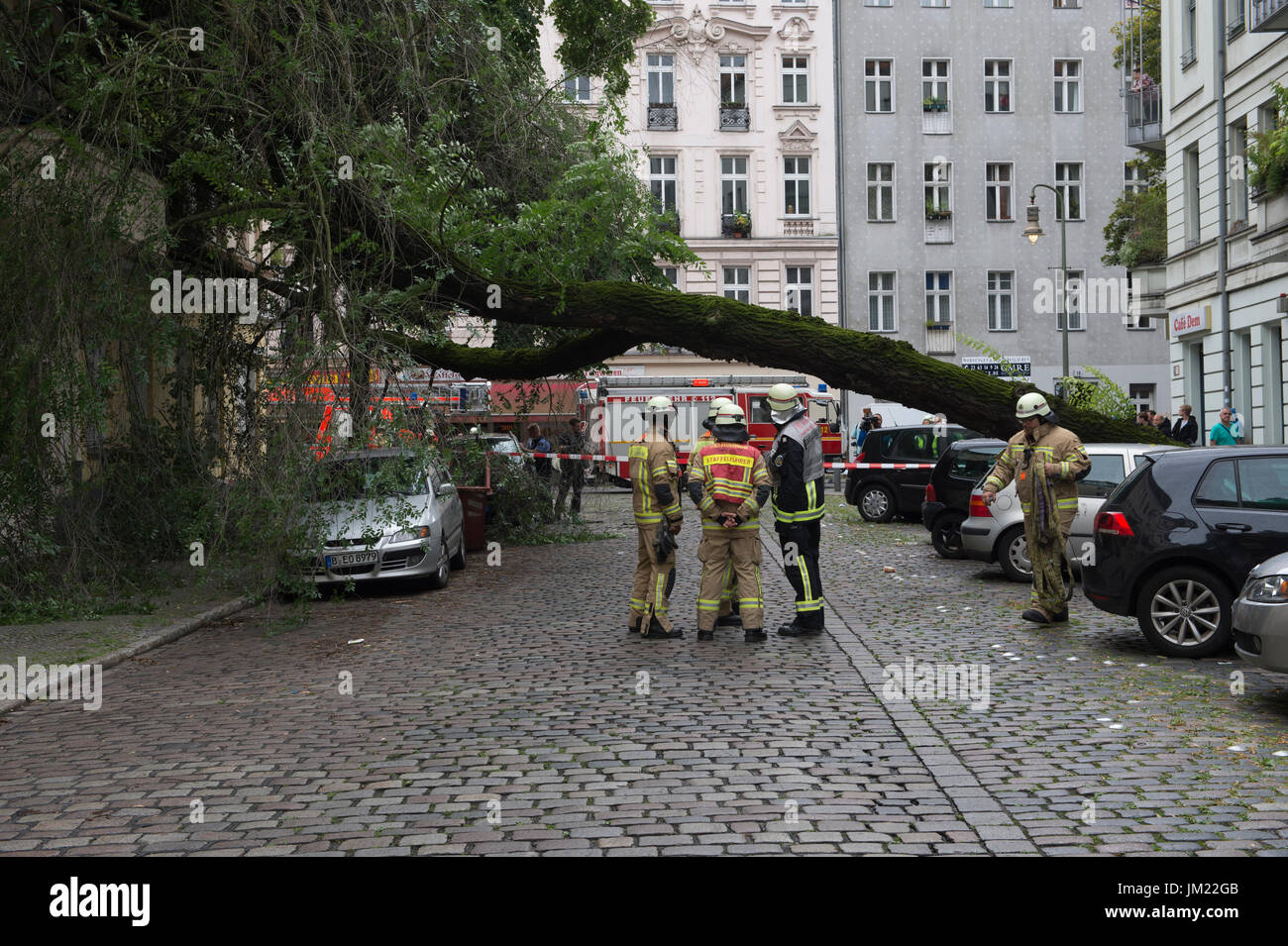 A tree lying across Wissmannstrasse in the Neukoelln area of Berlin ...