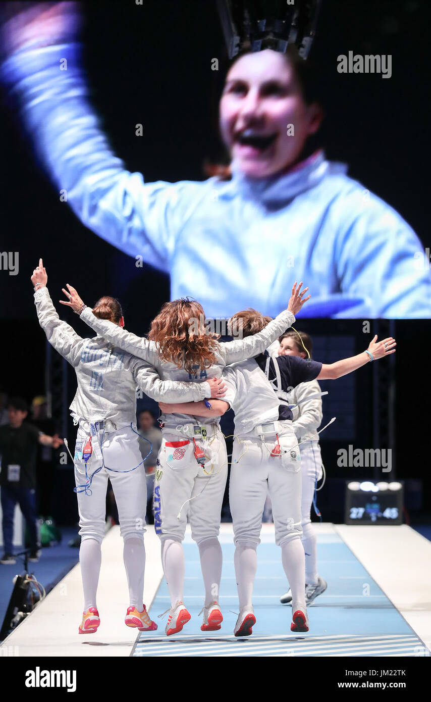 Leipzig, Germany. 25th July, 2017. The Italian sabre fencers celebrate ...