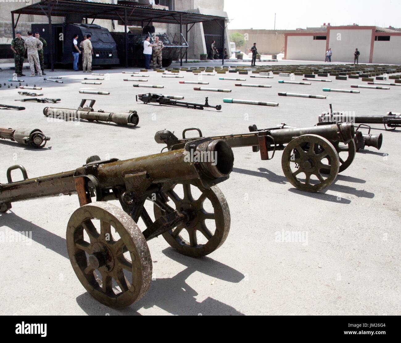 Damascus, Syria. 25th July, 2017. Confiscated weaponry and munition are ...
