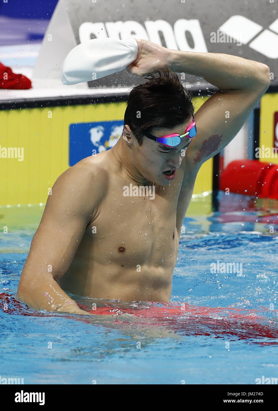 Budapest. 25th July, 2017. China's Sun Yang celebrates after the men's ...