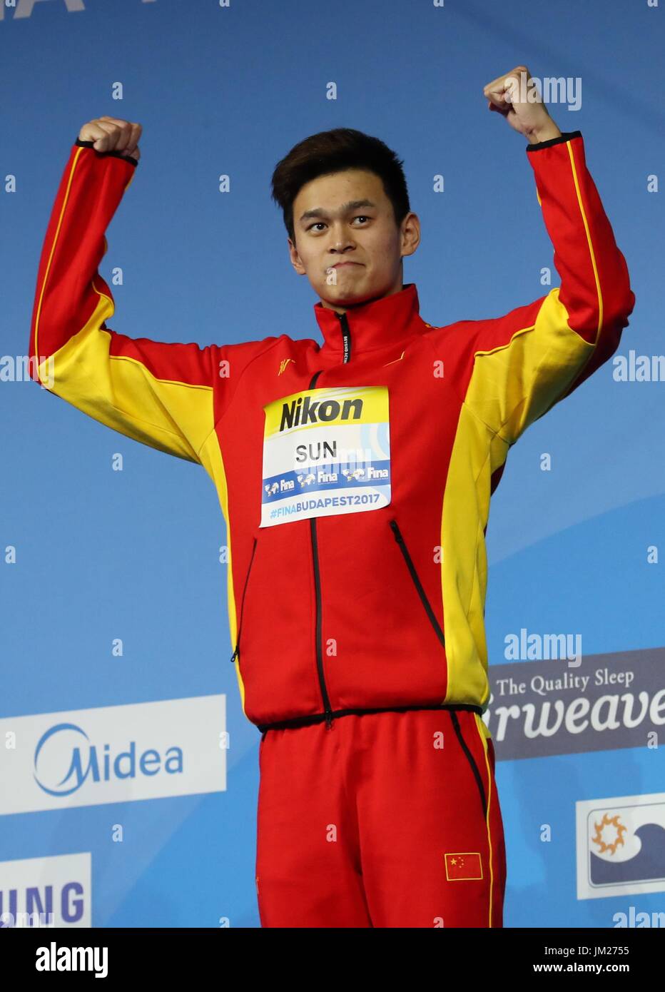 Budapest. 25th July, 2017. China's Sun Yang poses during the awarding ...