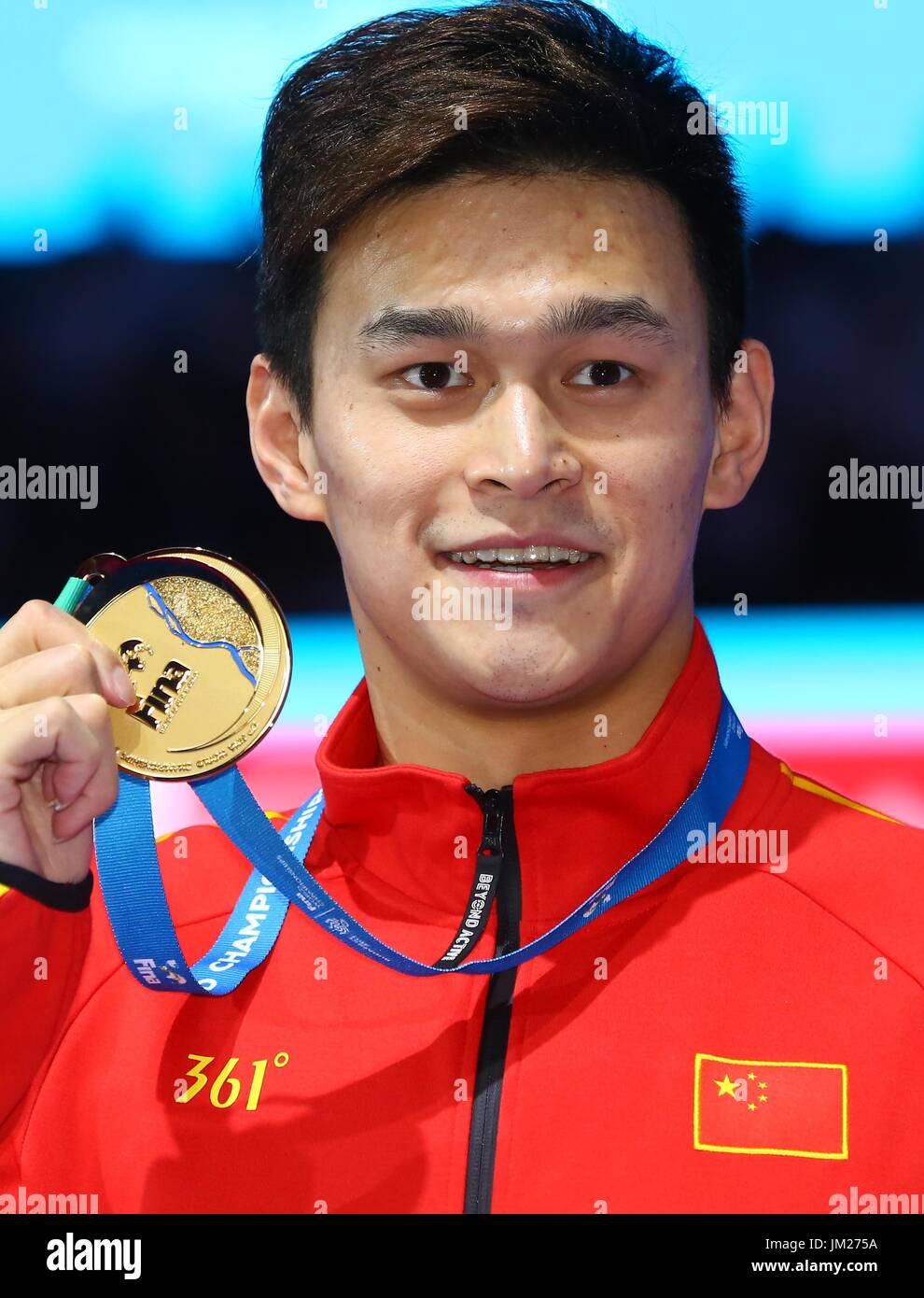 Budapest. 25th July, 2017. China's Sun Yang poses during the awarding ...