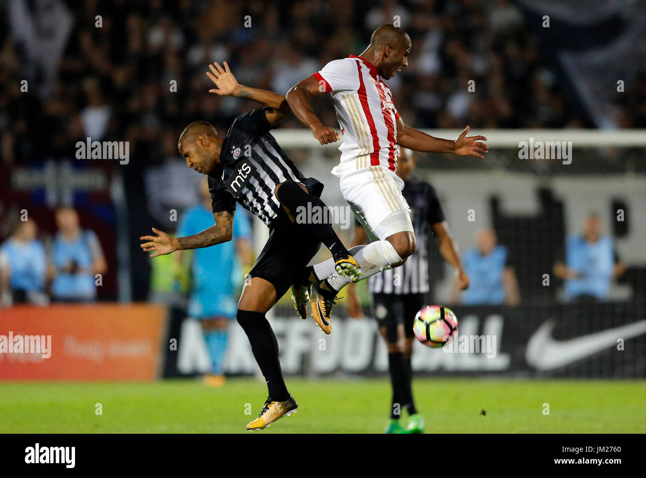 Belgrade. 26th July, 2017. Partizan's Everton Bilher (L) vies with ...