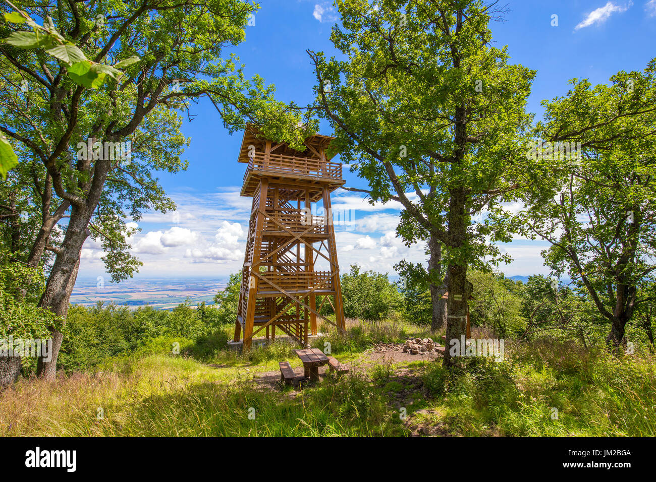 Wooden watch tower for tourists to observe the surrounding landscape ...