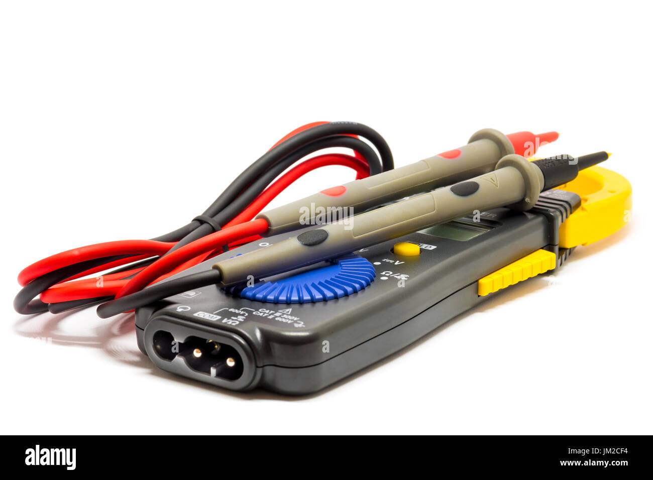 Electric digital multimeter. Clamp digital meter on the white ...