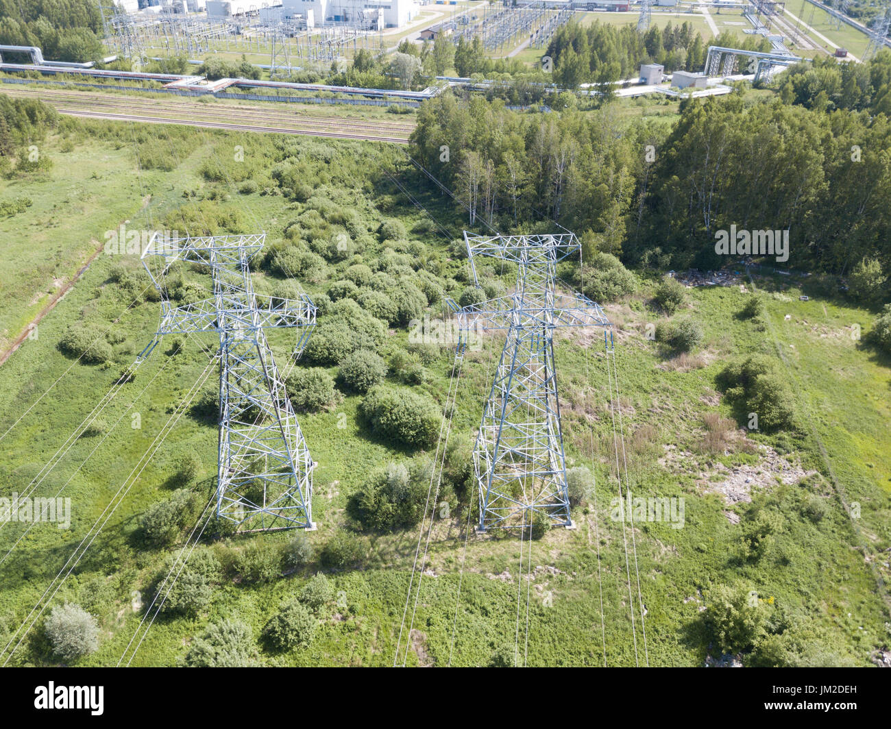 Aerial view of electricity wires pillar drone top view Stock Photo - Alamy
