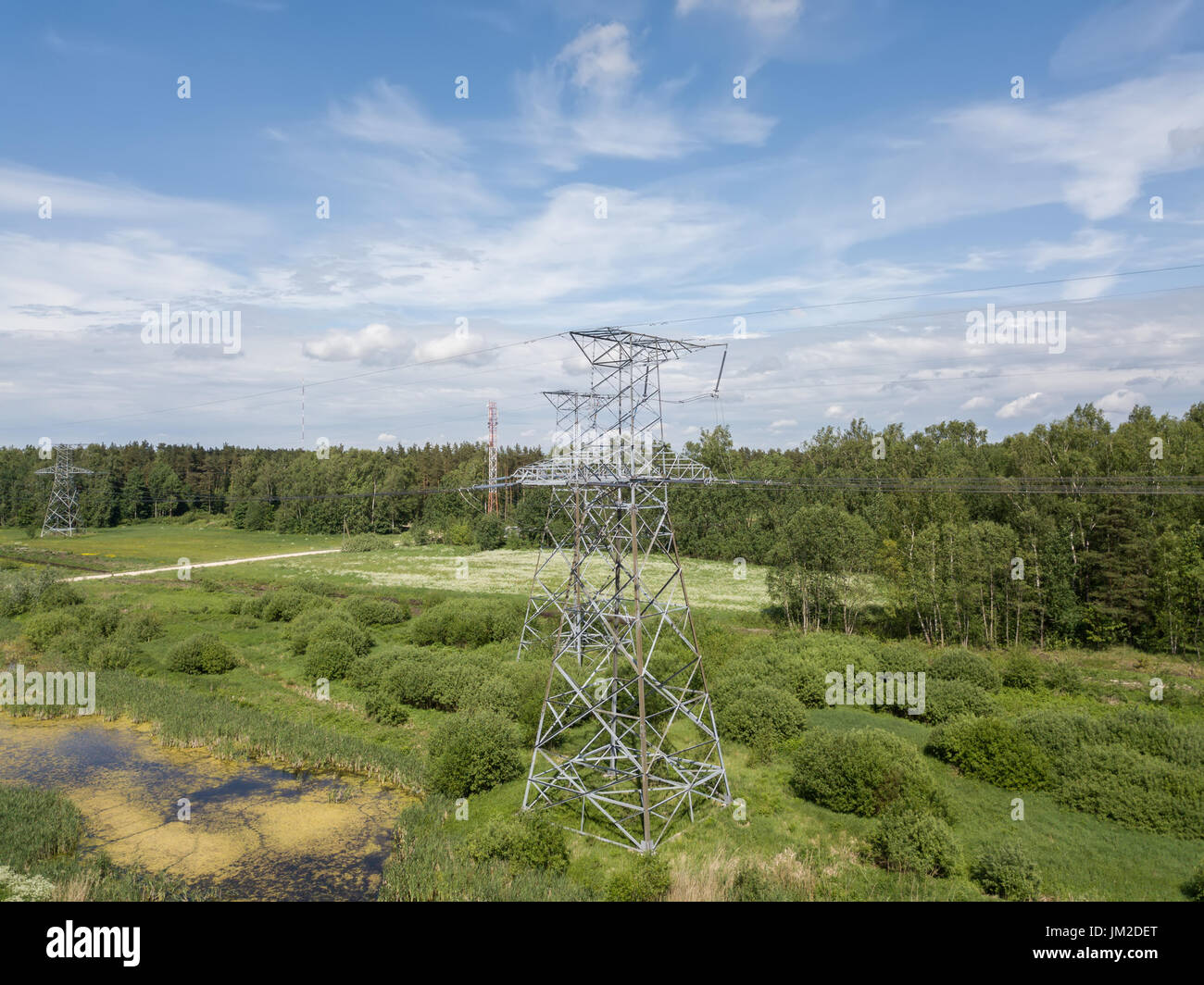 Aerial view of electricity wires pillar drone top view Stock Photo - Alamy