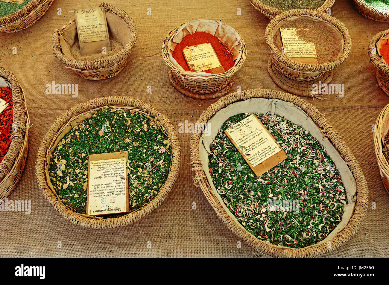Market stall with different kinds of spices, Sault, Vaucluse, Provence ...