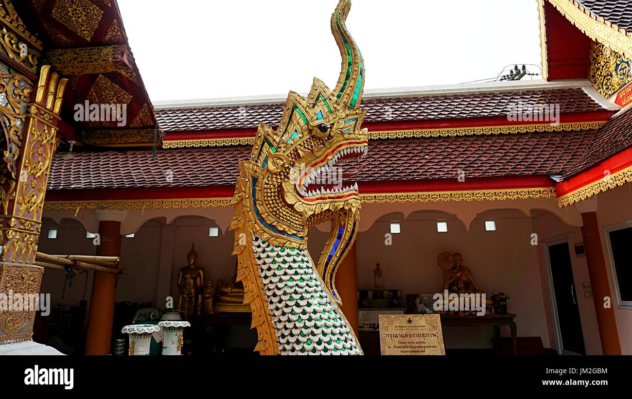 Serpent Naga snake sculpture at Wat Dab Pai, Thai temple in Chiang Mai ...