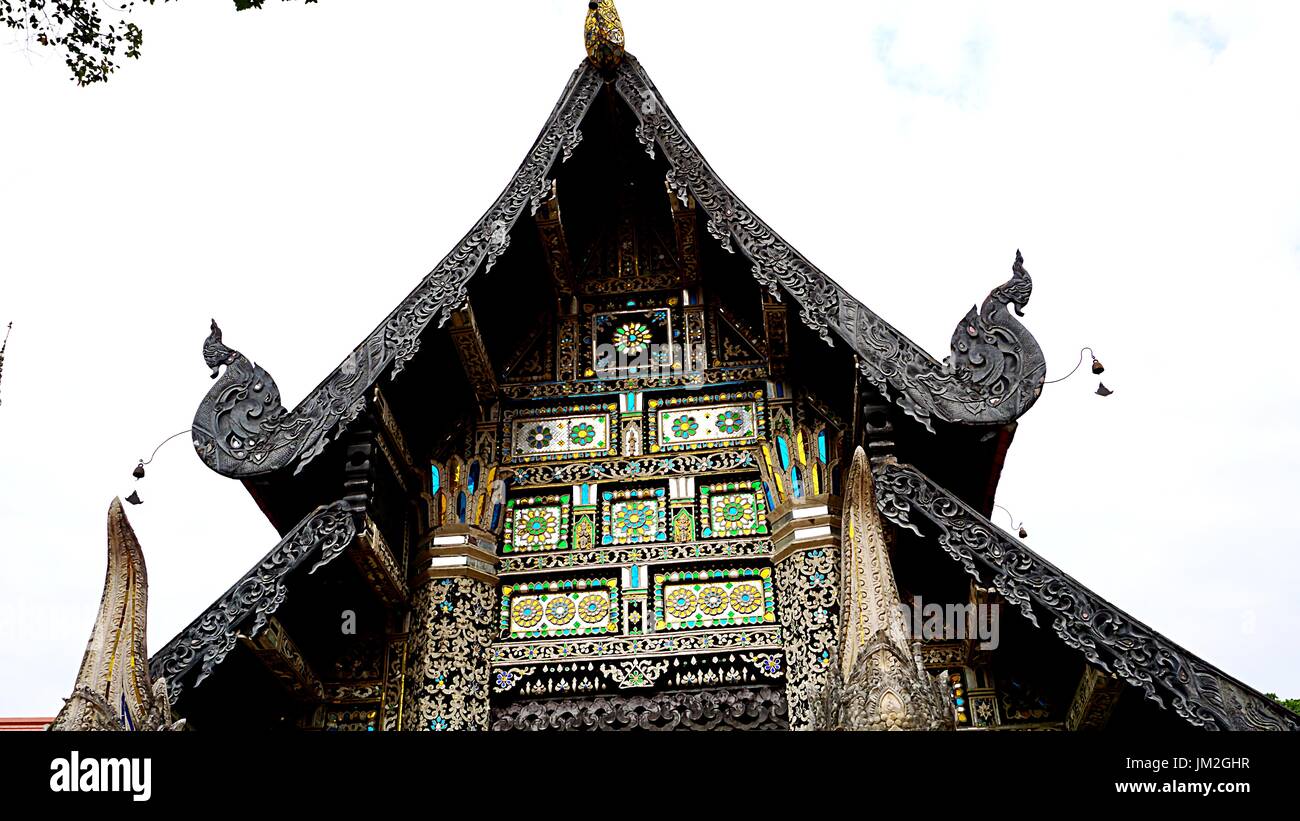 Decorative on gable of wooden building of the Vihara of Luang Pu Mun in ...