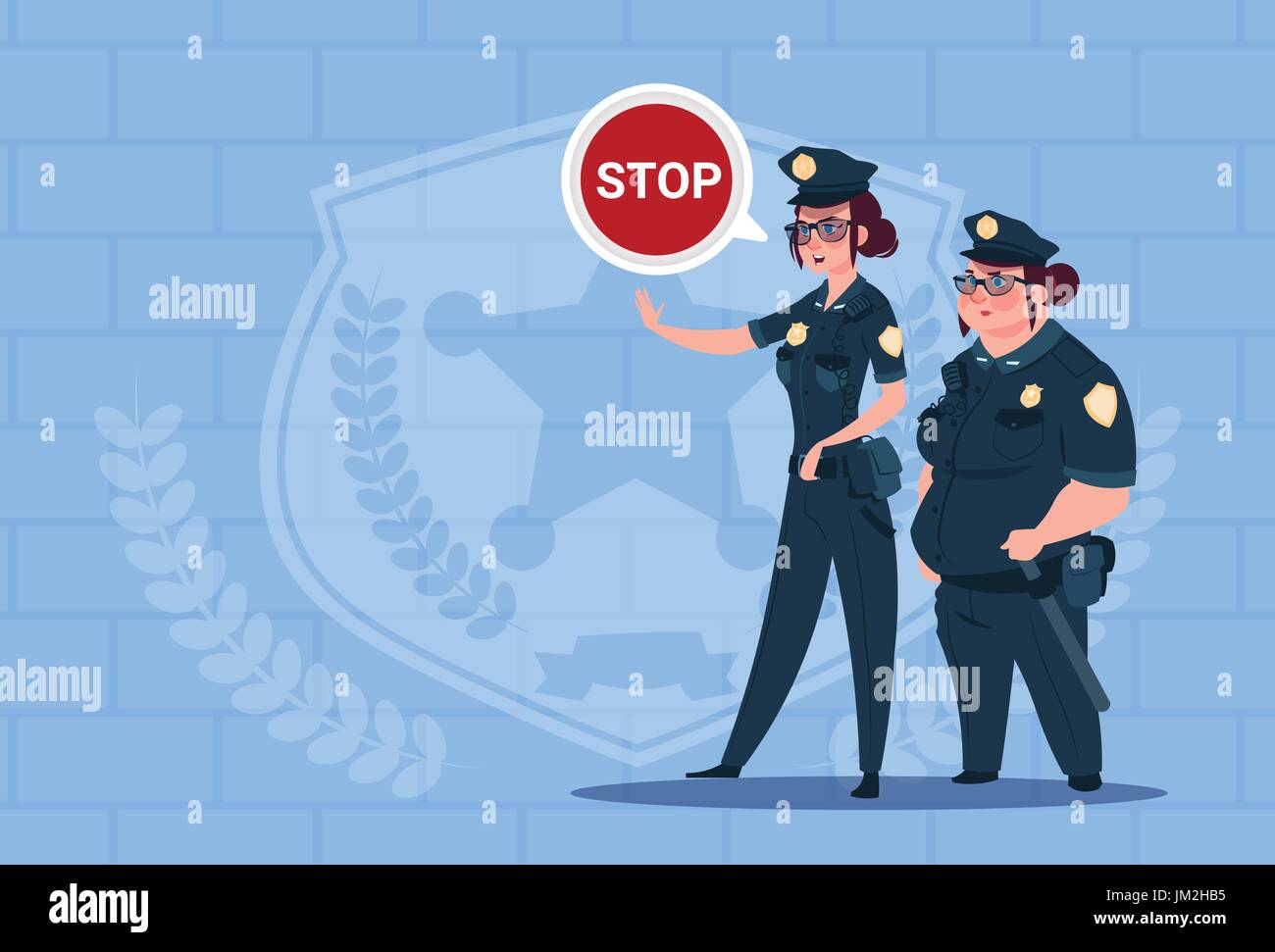 Two Police Women Holding Stop Sign Wearing Uniform Female Guards On ...