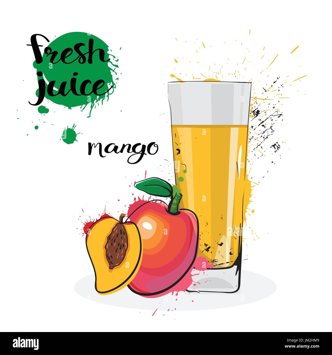 Mango Juice Fresh Hand Drawn Watercolor Fruits And Glass On White ...