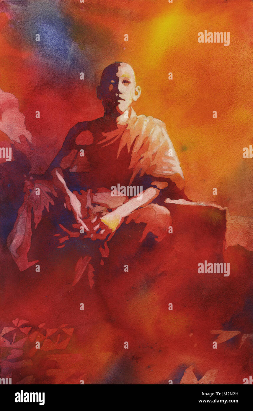 Fine art poured watercolor painting of Buddhist monk inside of ...