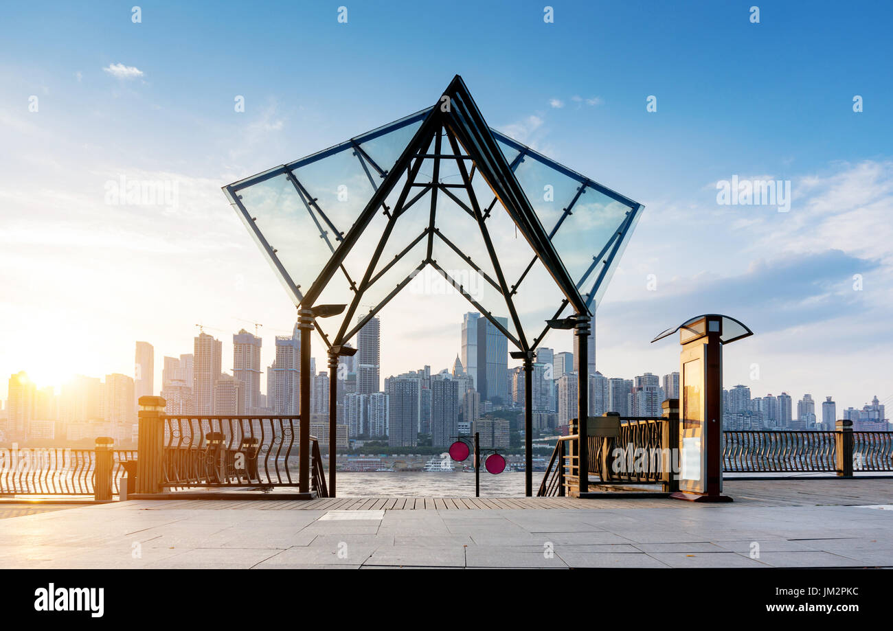 Chongqing city skyline, with wooden floors and guardrails Stock Photo ...