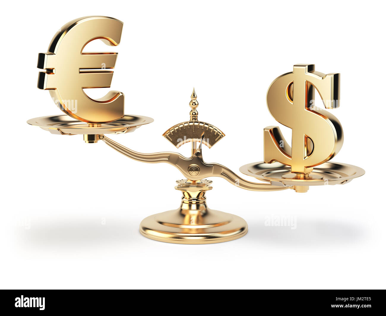 Scale with symbols of currencies euro and US dollar isolated on white ...