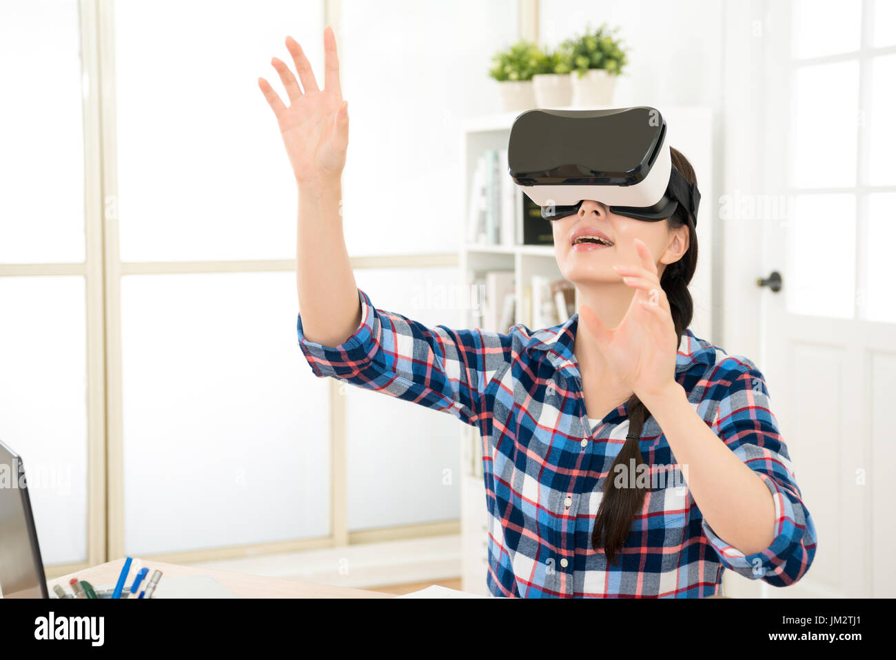 asia beautiful student organize class content by virtual reality in air ...